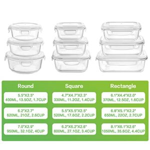 HOMBERKING Glass Food Storage Containers with Lids, [18 Piece] Glass Meal Prep Containers, Airtight Glass Lunch Bento Boxes, BPA-Free & Leak Proof (9 lids & 9 Containers) - White