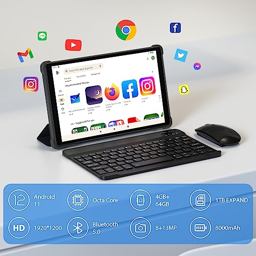 TOSCiDO 2023 Android 12 Tablet 10.1 inch 2 in 1 Tablets 1080P FHD in-Cell LCD Screen, 4GB+64GB Expand to 1TB, Octa-Core CPU, 1920 * 1200 Resolution,8MP&13MP Camera|Wi-Fi| GPS| Keyboard| Mouse-Black