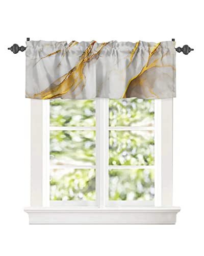 Kakmok Window Valance for Kitchen Cafe,Gold White Gradient Marble Rod Pocket Drape Privacy Curtain,Irregular Line Art Short Curtains for Bathroom/Living Room/Bedroom Windows Decor