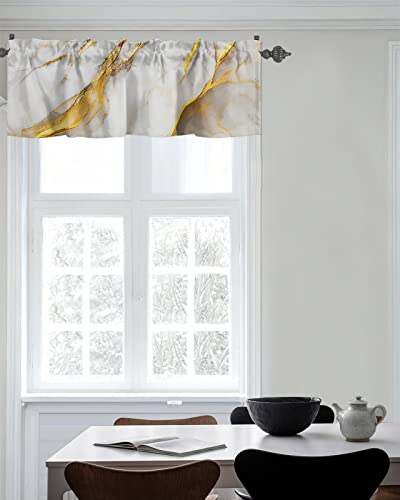 Kakmok Window Valance for Kitchen Cafe,Gold White Gradient Marble Rod Pocket Drape Privacy Curtain,Irregular Line Art Short Curtains for Bathroom/Living Room/Bedroom Windows Decor