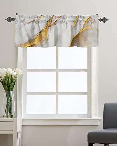 Kakmok Window Valance for Kitchen Cafe,Gold White Gradient Marble Rod Pocket Drape Privacy Curtain,Irregular Line Art Short Curtains for Bathroom/Living Room/Bedroom Windows Decor