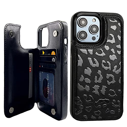 BayPastel X Compatible with iPhone 13 Pro Max 6.7" Wallet Case with Flip Credit Card Holder PU Leather Magnetic Clasp Kickstand Shockproof Protective Stylish Cover Men Women (Black Leopard)