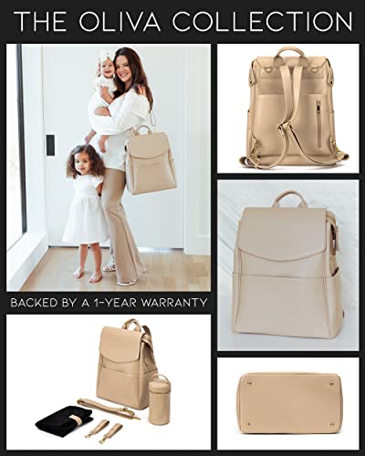 MIA + SOPHIA Leather Diaper Bag Backpack with Changing Pad, Stroller Straps, Bottle Holder (Beige Olivia)