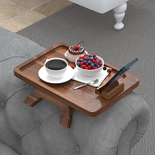 Acacia Wood Couch Arm Table, Sofa Arm Tray with 360° Rotating Holder, Sofa Arm Table for Couch, Couch Arm Tray, Sofa Armrest Tray, Ideal Gift for Eating and Drink