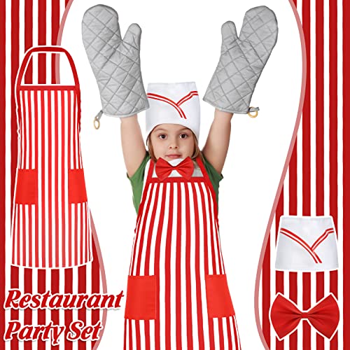 3 Pcs Kid Waiter Costume Kit Car Costume Red and White Striped Apron for Kids Adjustable Bib Aprons with 2 Pockets Soda Jerk Chef Hat Adjustable Red Bow Ties for Kids 1950s Dinner Cosplay Dress Party