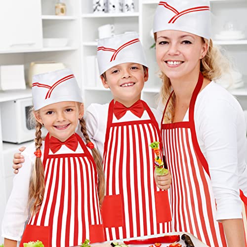 3 Pcs Kid Waiter Costume Kit Car Costume Red and White Striped Apron for Kids Adjustable Bib Aprons with 2 Pockets Soda Jerk Chef Hat Adjustable Red Bow Ties for Kids 1950s Dinner Cosplay Dress Party