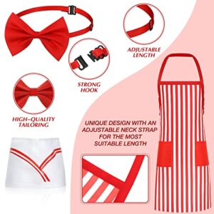 3 Pcs Kid Waiter Costume Kit Car Costume Red and White Striped Apron for Kids Adjustable Bib Aprons with 2 Pockets Soda Jerk Chef Hat Adjustable Red Bow Ties for Kids 1950s Dinner Cosplay Dress Party