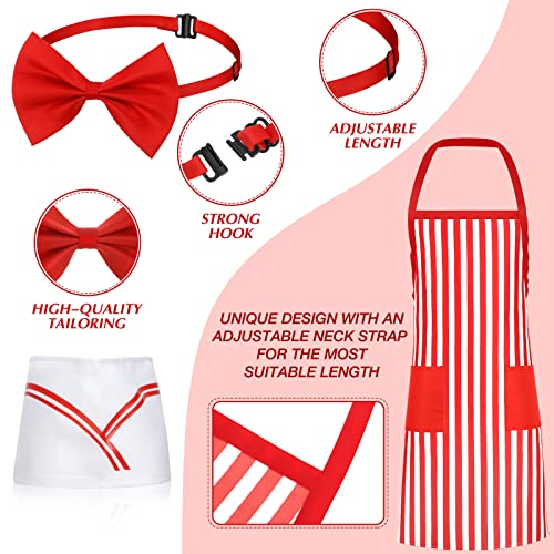 3 Pcs Kid Waiter Costume Kit Car Costume Red and White Striped Apron for Kids Adjustable Bib Aprons with 2 Pockets Soda Jerk Chef Hat Adjustable Red Bow Ties for Kids 1950s Dinner Cosplay Dress Party