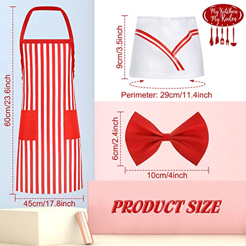 3 Pcs Kid Waiter Costume Kit Car Costume Red and White Striped Apron for Kids Adjustable Bib Aprons with 2 Pockets Soda Jerk Chef Hat Adjustable Red Bow Ties for Kids 1950s Dinner Cosplay Dress Party