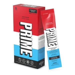 prime hydration+ stick pack | electrolyte drink mix | 10% coconut water | 250mg bcaas | antioxidants | naturally flavored | zero added sugar | easy open single-serving stick | ice pop, 6 sticks