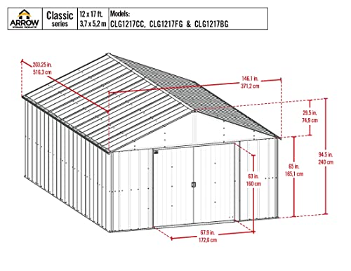 Arrow Sheds Classic 12' x 17' Outdoor Padlockable Steel Storage Shed Building, Charcoal