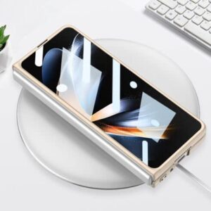 Ultra Slim Magnetic Wireless Charging Case with Glass Screen Protector for Samsung Galaxy Z Fold 3 5G 2021 Shockproof Anti-Scratch Full Cover Case(Gold)