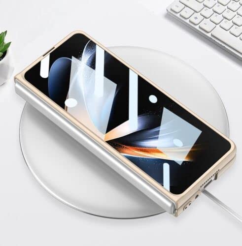 Ultra Slim Magnetic Wireless Charging Case with Glass Screen Protector for Samsung Galaxy Z Fold 3 5G 2021 Shockproof Anti-Scratch Full Cover Case(Gold)