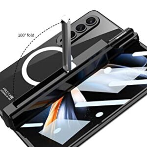 BAILI Galaxy Z Fold4 Magnetic Case,Support Magsafe and Wireless Charger for Z Fold 4,Ultra -Magnetic Suction Z Fold4 Case with Kickstand & S Pen Holder Adapts Vehicle Bracket Clear Mirror Cover Black