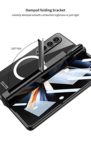 BAILI Galaxy Z Fold4 Magnetic Case,Support Magsafe and Wireless Charger for Z Fold 4,Ultra -Magnetic Suction Z Fold4 Case with Kickstand & S Pen Holder Adapts Vehicle Bracket Clear Mirror Cover Black