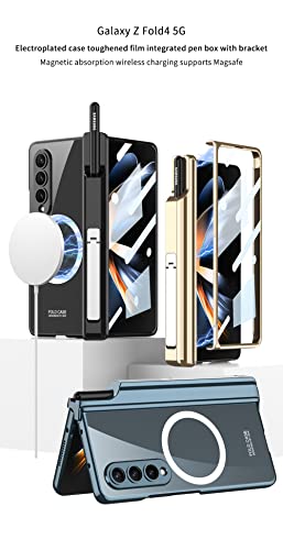 BAILI Galaxy Z Fold4 Magnetic Case,Support Magsafe and Wireless Charger for Z Fold 4,Ultra -Magnetic Suction Z Fold4 Case with Kickstand & S Pen Holder Adapts Vehicle Bracket Clear Mirror Cover Black