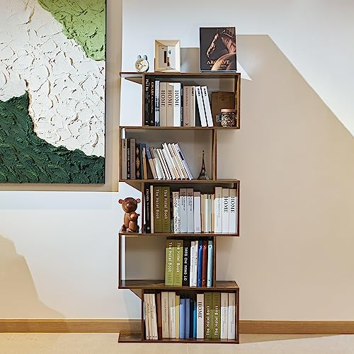 Aroktake 5-Tier Bookshelf, Geometric Bookcase with Anti-Tipping Device, S Shaped Book Shelves, Freestanding Decorative Storage Shelving for Living Room Home Office (Rustic Brown)