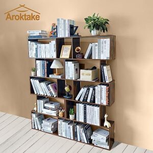 Aroktake 5-Tier Bookshelf, Geometric Bookcase with Anti-Tipping Device, S Shaped Book Shelves, Freestanding Decorative Storage Shelving for Living Room Home Office (Rustic Brown)