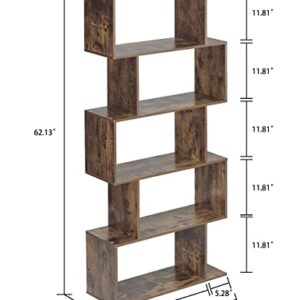 Aroktake 5-Tier Bookshelf, Geometric Bookcase with Anti-Tipping Device, S Shaped Book Shelves, Freestanding Decorative Storage Shelving for Living Room Home Office (Rustic Brown)