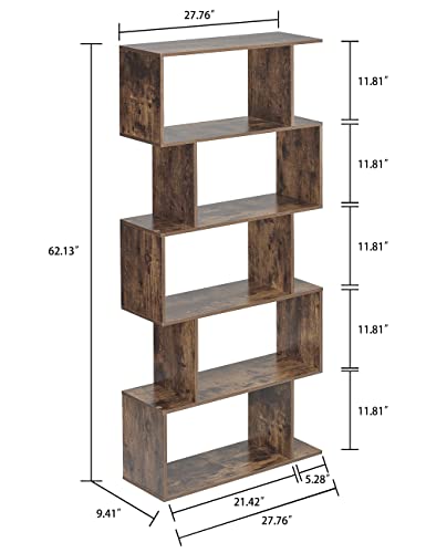 Aroktake 5-Tier Bookshelf, Geometric Bookcase with Anti-Tipping Device, S Shaped Book Shelves, Freestanding Decorative Storage Shelving for Living Room Home Office (Rustic Brown)