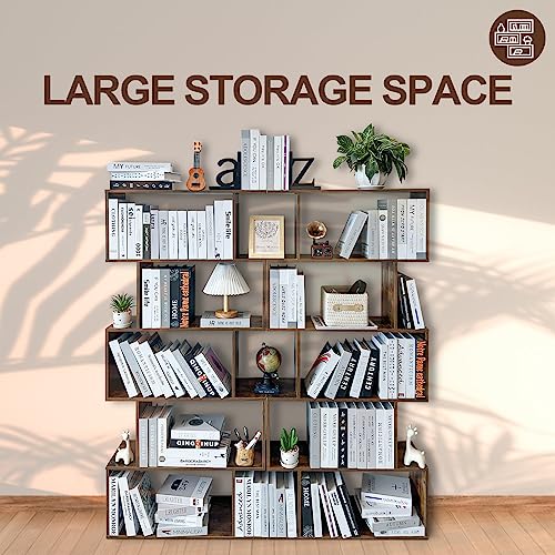 Aroktake 5-Tier Bookshelf, Geometric Bookcase with Anti-Tipping Device, S Shaped Book Shelves, Freestanding Decorative Storage Shelving for Living Room Home Office (Rustic Brown)