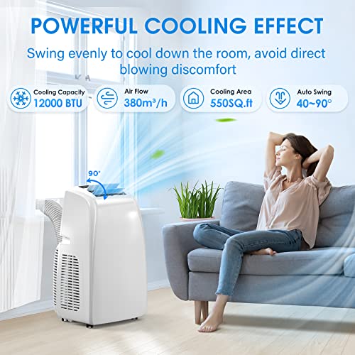 Air Choice 12000 BTU Portable Air Conditioner, 3-in-1 Portable AC Unit with Dehumidifier & Fan & 24HR Timer, LED Display, up to 550 Sq.Ft, Build in Universal Wheels for Quiet Portable AC Unit for Room