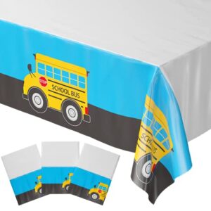 school bus tablecovers (pack of 3) - 54"x108" xl - school bus party supplies, back to school decorations, school bus wheels tablecloth, kindergarten graduation decorations, school bus theme party