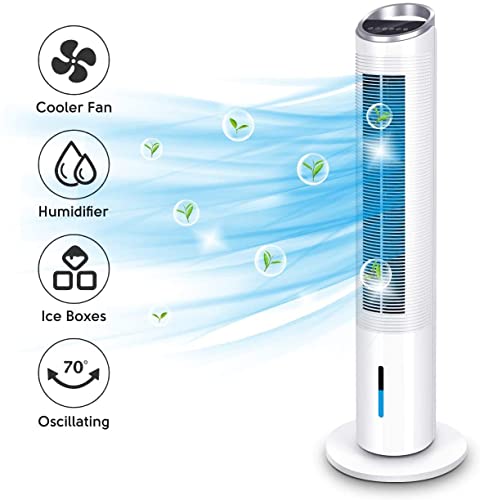 Air Choice Evaporative Cooler, 40" Portable Tower Fan with 70° Oscillating for Big Space, 3 Speeds & Modes, 8H Timer, 2 Ice Packs, Removable Water Tank, Portable Swamp Cooler with LCD Panel & Remote