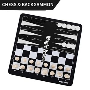 Magic Vosom Chess Sets, Travel Chess 15" x 15" 3 in 1 Chess, Checkers, Backgammon Set, Standard Chess Pieces and Chips Set of Silicone Board, Beginner Chess Set for Kids, Adults