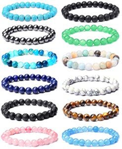 leocuci 12pcs 8mm semi-precious beaded bracelets for men women healing stretch round bead crystal gemstones bracelets