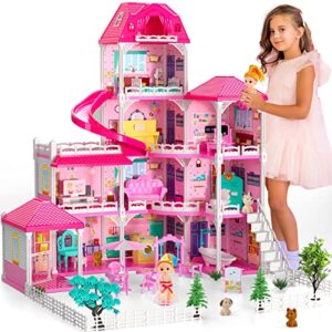 doll house, dream house furniture pink girl toys, 4 stories 10 rooms dollhouse with 2 princesses slide accessories, toddler playhouse gift for for 3 4 5 6 7 8 9 10 year old girls toys