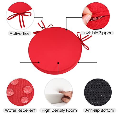 GUEGLSA Indoor Outdoor Round Chair Cushions 15 inch, Waterproof Bistro Seat Cushion with Ties ，Non Slip Circle Stool Chair Pads Set of 2, Red