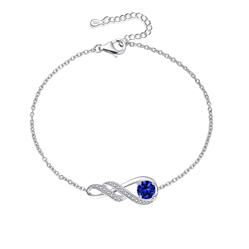 LOCIBLO September Birthstone Bracelets for Women Girls 925 Sterling Silver Blue Synthetic Sapphire Bracelet White Gold Infinity Pendant Anniversary Birthday Gifts Jewelry for Her, 6.7"+1.2"