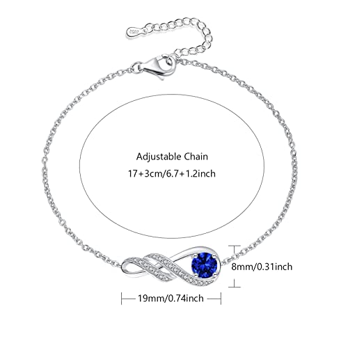 LOCIBLO September Birthstone Bracelets for Women Girls 925 Sterling Silver Blue Synthetic Sapphire Bracelet White Gold Infinity Pendant Anniversary Birthday Gifts Jewelry for Her, 6.7"+1.2"