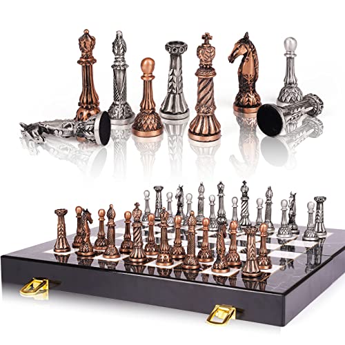 Retro Metal Chess Set for Adults and Kids – Marbling Chess Board with Chess Pieces – Travel Chess Set with Metal Pieces – Folding Chessboard – Ideal for Beginners and Professional Players…