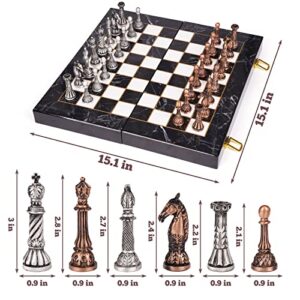 Retro Metal Chess Set for Adults and Kids – Marbling Chess Board with Chess Pieces – Travel Chess Set with Metal Pieces – Folding Chessboard – Ideal for Beginners and Professional Players…