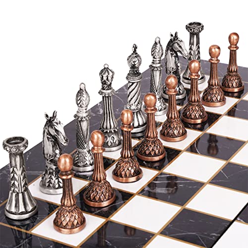 Retro Metal Chess Set for Adults and Kids – Marbling Chess Board with Chess Pieces – Travel Chess Set with Metal Pieces – Folding Chessboard – Ideal for Beginners and Professional Players…