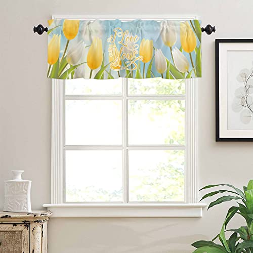 Tulip Floral Valance Curtains for Living Room/Bedroom/Bathroom/Kitchen Window,Rod Pocket Window Valance Tiers Small Window Curtain Drape Window Panel Treatment,Spring Gold White Flower Bow 1 Panel