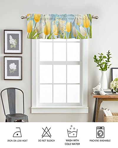 Tulip Floral Valance Curtains for Living Room/Bedroom/Bathroom/Kitchen Window,Rod Pocket Window Valance Tiers Small Window Curtain Drape Window Panel Treatment,Spring Gold White Flower Bow 1 Panel