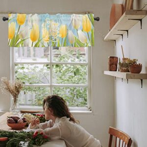 Tulip Floral Valance Curtains for Living Room/Bedroom/Bathroom/Kitchen Window,Rod Pocket Window Valance Tiers Small Window Curtain Drape Window Panel Treatment,Spring Gold White Flower Bow 1 Panel