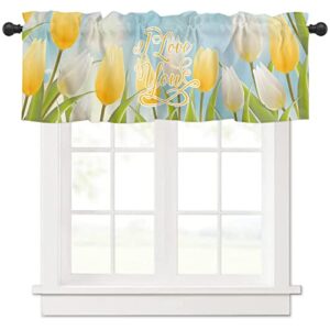 Tulip Floral Valance Curtains for Living Room/Bedroom/Bathroom/Kitchen Window,Rod Pocket Window Valance Tiers Small Window Curtain Drape Window Panel Treatment,Spring Gold White Flower Bow 1 Panel