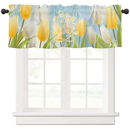 Tulip Floral Valance Curtains for Living Room/Bedroom/Bathroom/Kitchen Window,Rod Pocket Window Valance Tiers Small Window Curtain Drape Window Panel Treatment,Spring Gold White Flower Bow 1 Panel