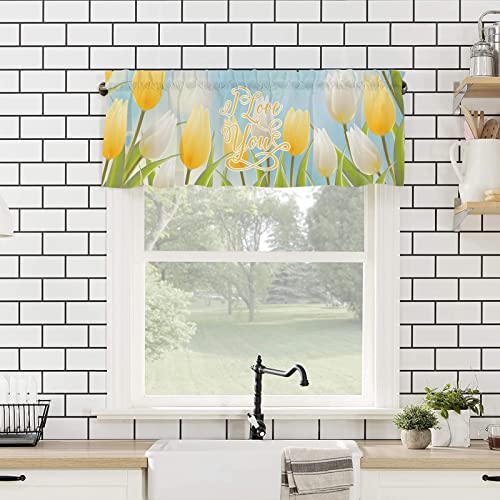 Tulip Floral Valance Curtains for Living Room/Bedroom/Bathroom/Kitchen Window,Rod Pocket Window Valance Tiers Small Window Curtain Drape Window Panel Treatment,Spring Gold White Flower Bow 1 Panel