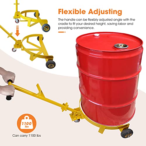 SDSNTE Heavy-Duty Steel 55 Gallon Drum Dolly for Moving Heavy Drums Easily with Removable and Versatile Handle, Weight Capacity 1100lbs, Yellow, Pack of 1