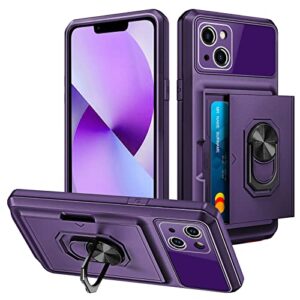 vofolen for iphone 13 case wallet cover credit card holder id slot sliding door hidden pocket with 360°swivel kickstand 3 in 1 hybrid bumper rugged phone case for iphone 13 6.1 inch 5g greypurple