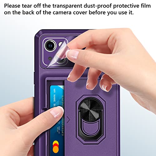 Vofolen for iPhone 13 Case Wallet Cover Credit Card Holder ID Slot Sliding Door Hidden Pocket with 360°Swivel Kickstand 3 in 1 Hybrid Bumper Rugged Phone Case for iPhone 13 6.1 inch 5G GreyPurple