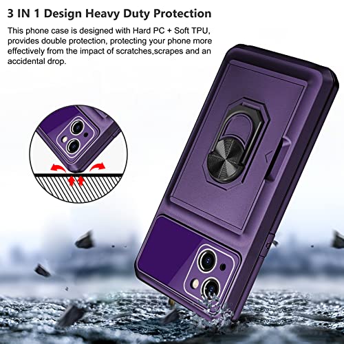 Vofolen for iPhone 13 Case Wallet Cover Credit Card Holder ID Slot Sliding Door Hidden Pocket with 360°Swivel Kickstand 3 in 1 Hybrid Bumper Rugged Phone Case for iPhone 13 6.1 inch 5G GreyPurple