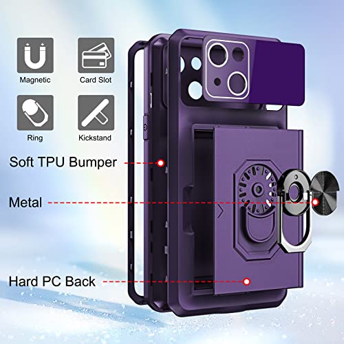 Vofolen for iPhone 13 Case Wallet Cover Credit Card Holder ID Slot Sliding Door Hidden Pocket with 360°Swivel Kickstand 3 in 1 Hybrid Bumper Rugged Phone Case for iPhone 13 6.1 inch 5G GreyPurple