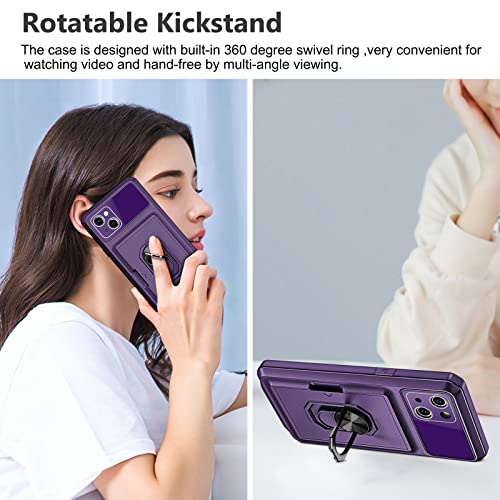 Vofolen for iPhone 13 Case Wallet Cover Credit Card Holder ID Slot Sliding Door Hidden Pocket with 360°Swivel Kickstand 3 in 1 Hybrid Bumper Rugged Phone Case for iPhone 13 6.1 inch 5G GreyPurple