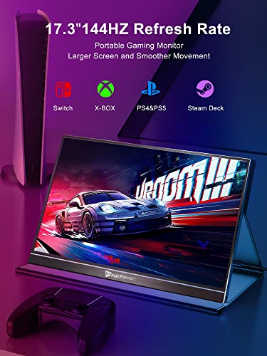 144HZ Portable Gaming Monitor, 17.3" 1080P Laptop Monitor, Dual USB C HDMI Second Computer Screen, VESA Gaming Display with Speakers, Travel Monitor for PS4/5 Xbox Switch MAC PC Phone